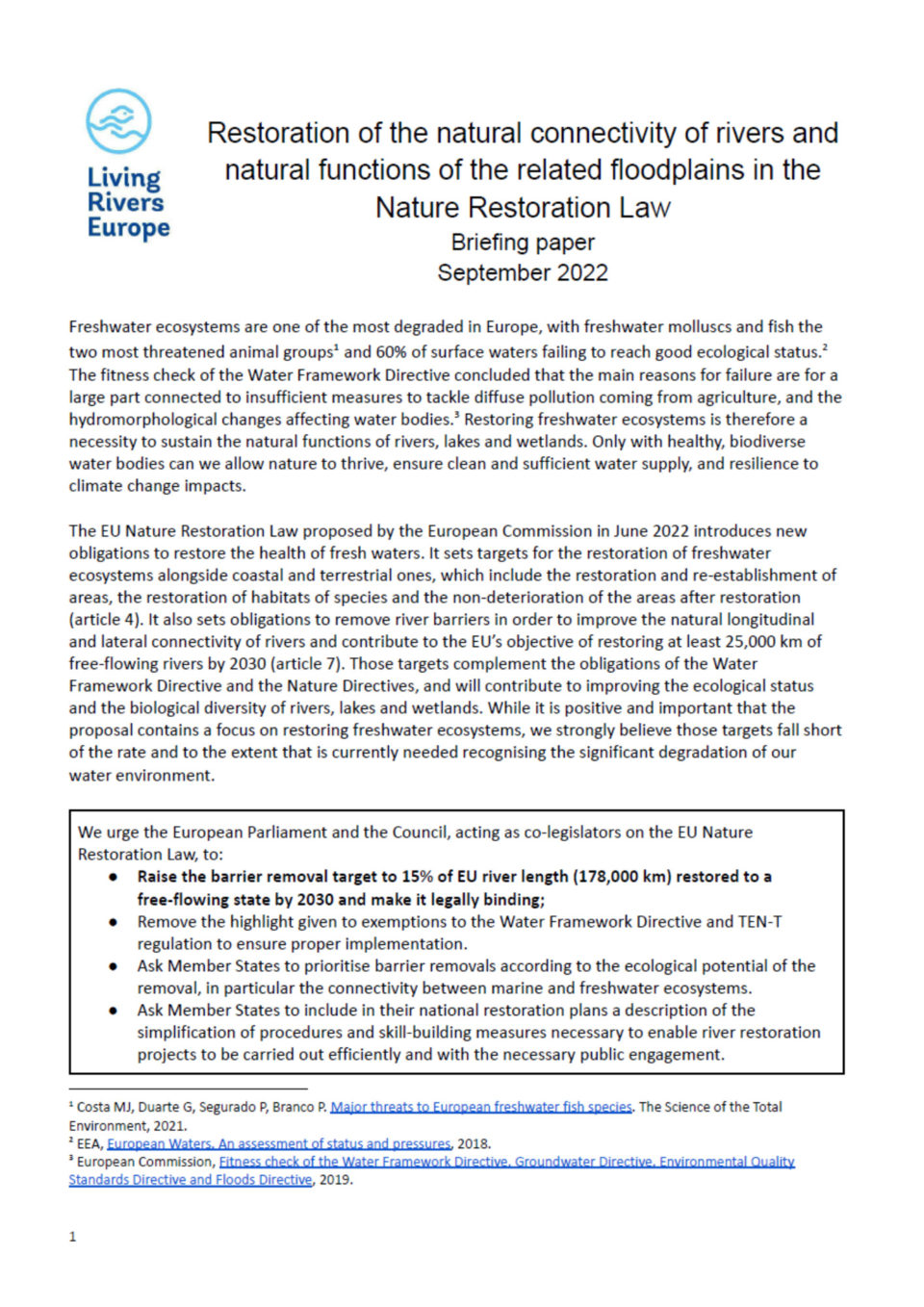 Living Rivers Europe - Briefing paper on river connectivity targets ... Living Rivers Europe - Briefing paper on river connectivity targets ...